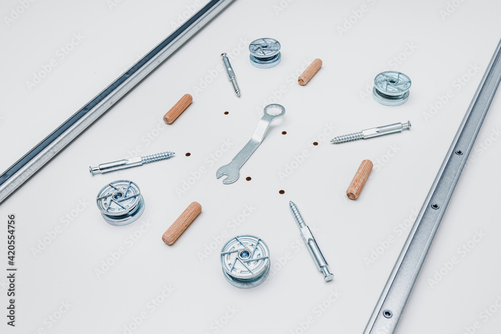 Flat lay top view of stainless steel eccentric and fastening dowels ...