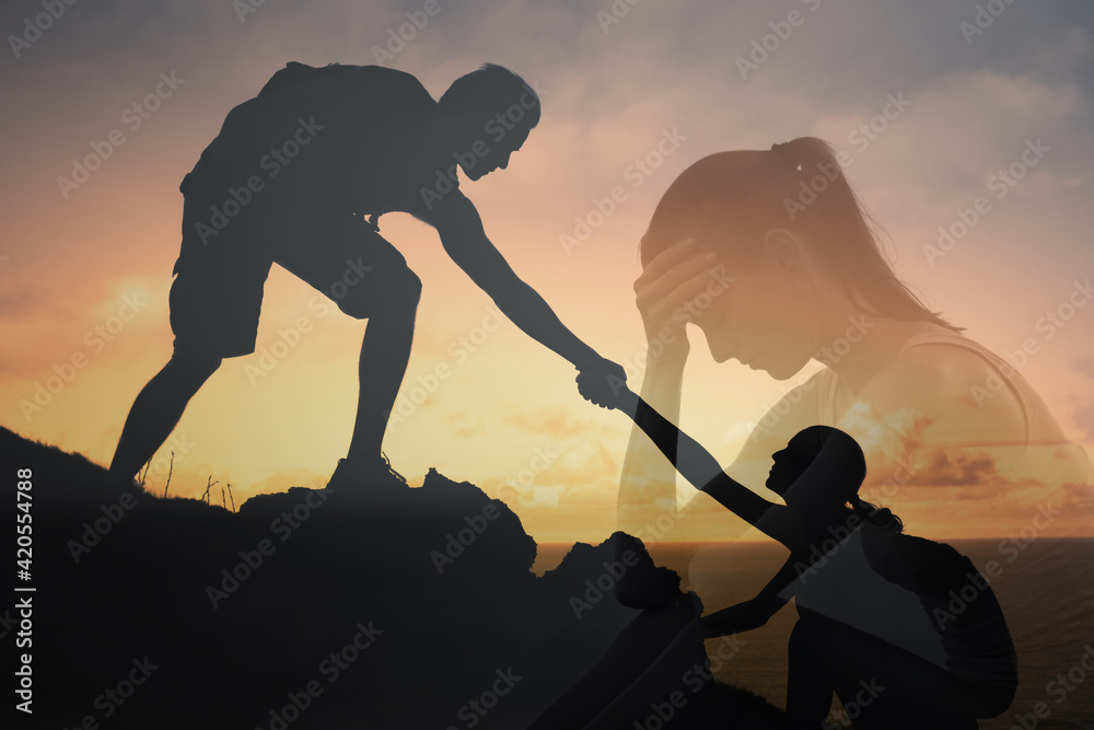 Friend to the rescue giving partner a helping hand. Mental struggles ...
