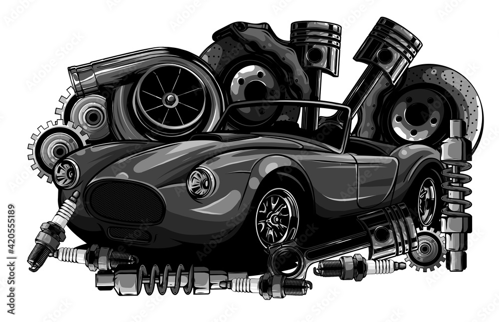 monochromatic Vintage car components collection witn automobile motor ...