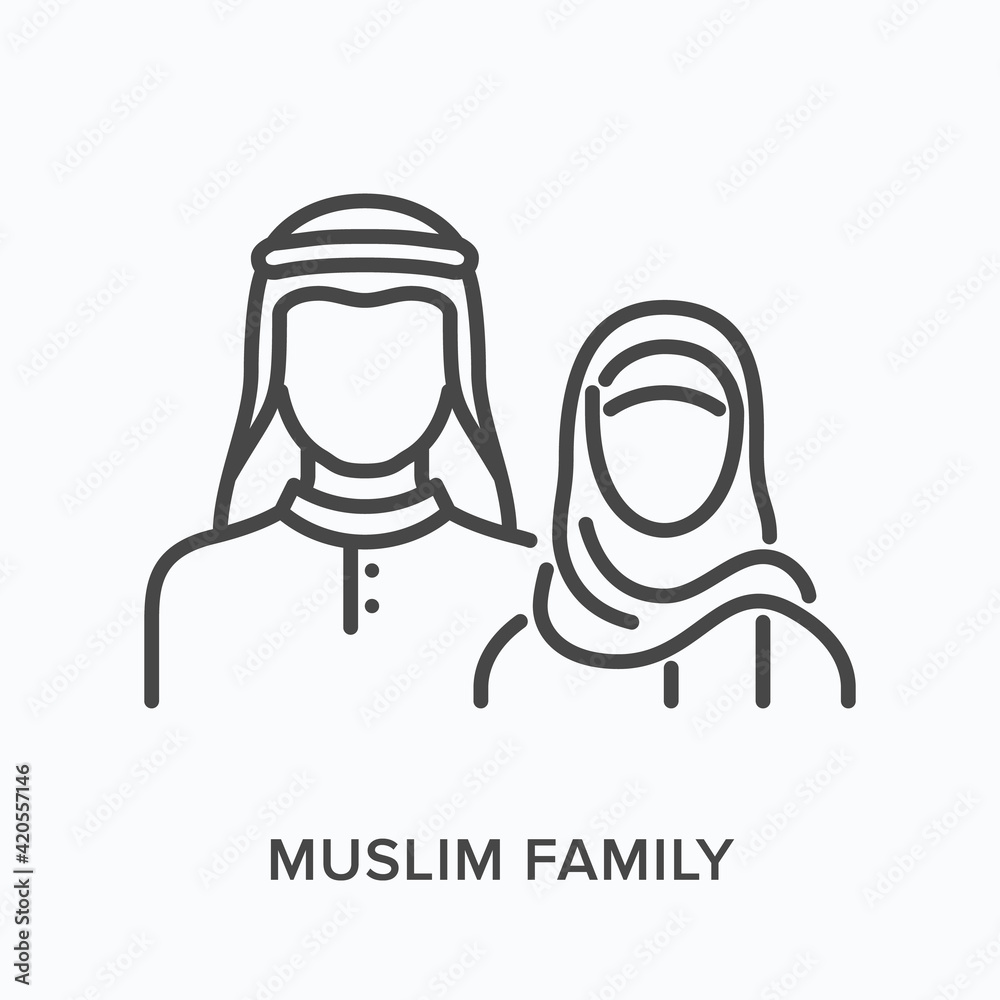 Muslim family flat line icon. Vector outline illustration of arabic ...