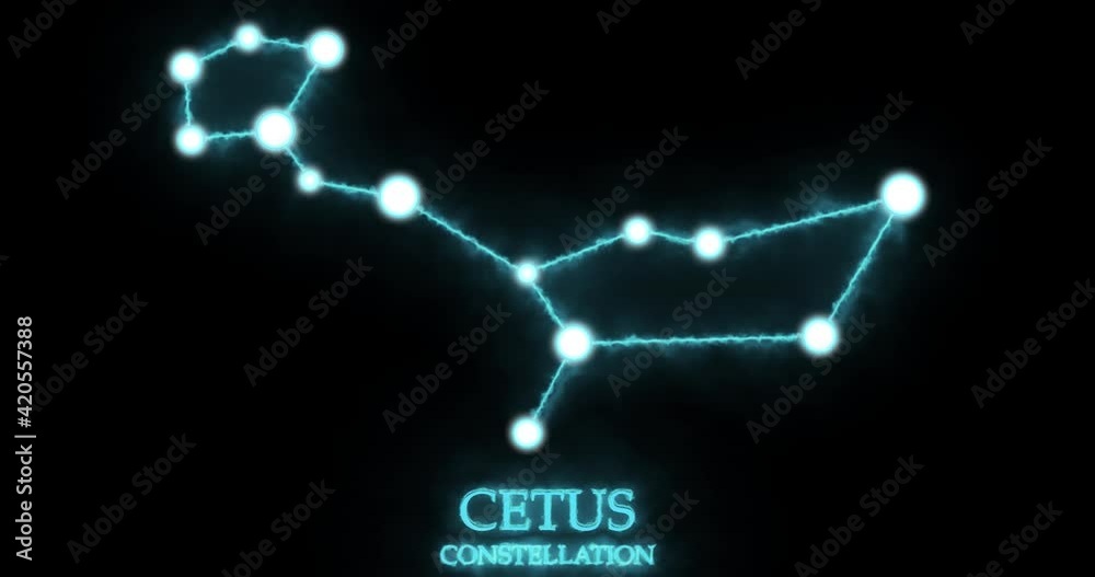 Cetus constellation. Light rays, laser light shining blue color. Stars ...