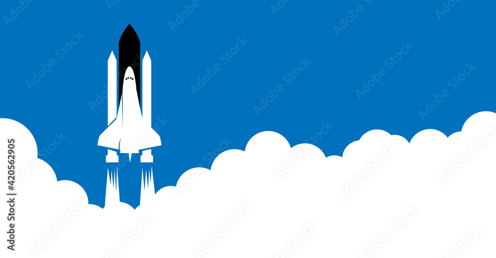 Vector illustration of the launch of space shuttle. Banner with copy ...