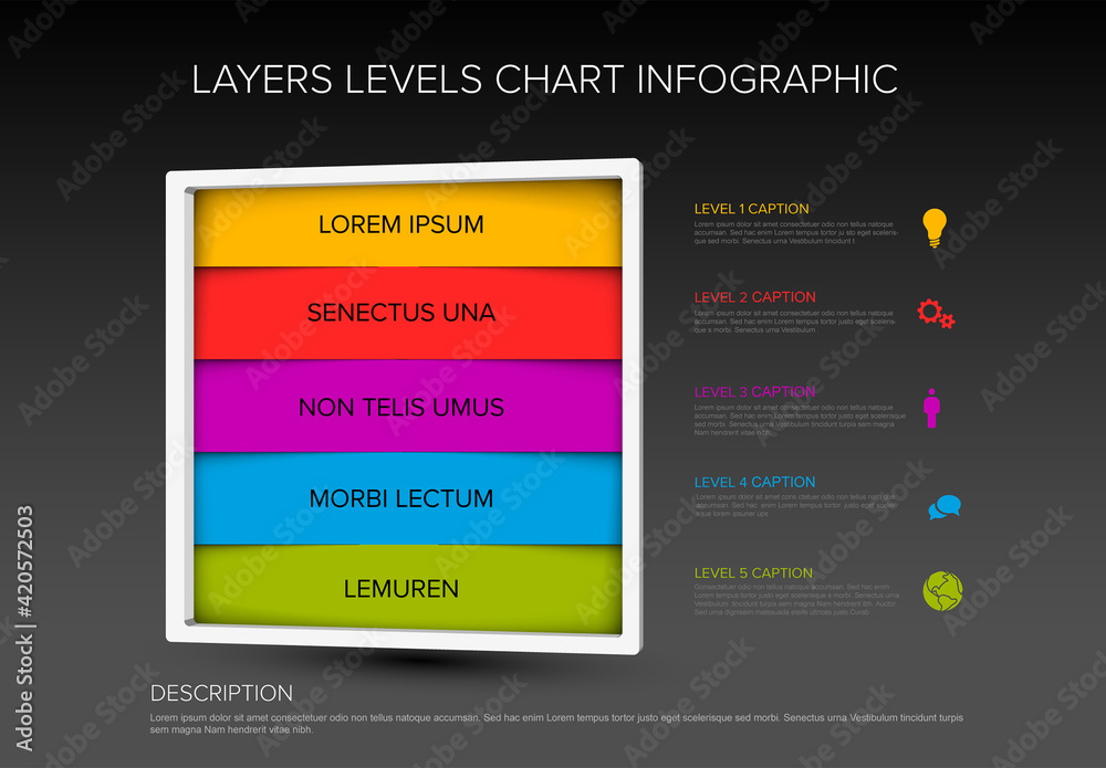 Layers Levels in Square Frame Dark Infographic Layout Stock Template ...