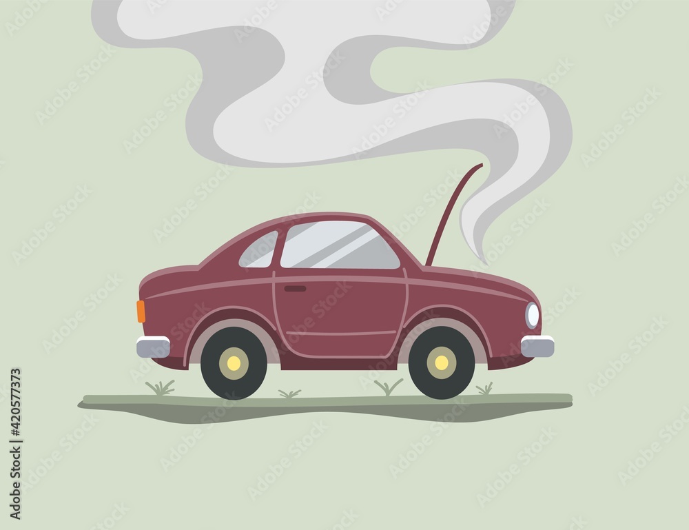 Broken car in cartoon style. A car with an open hood and smoke from it ...