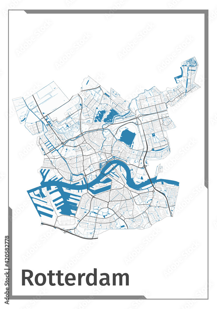 Rotterdam map poster, administrative area plan view. Black, white and ...