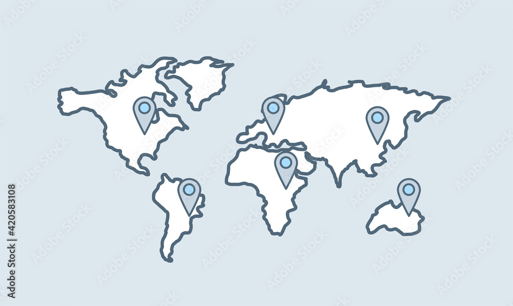 Earth map with location point marks vector line illustration. Shipping ...