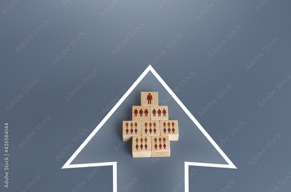A hierarchical group of people blocks a single formation in an arrow ...