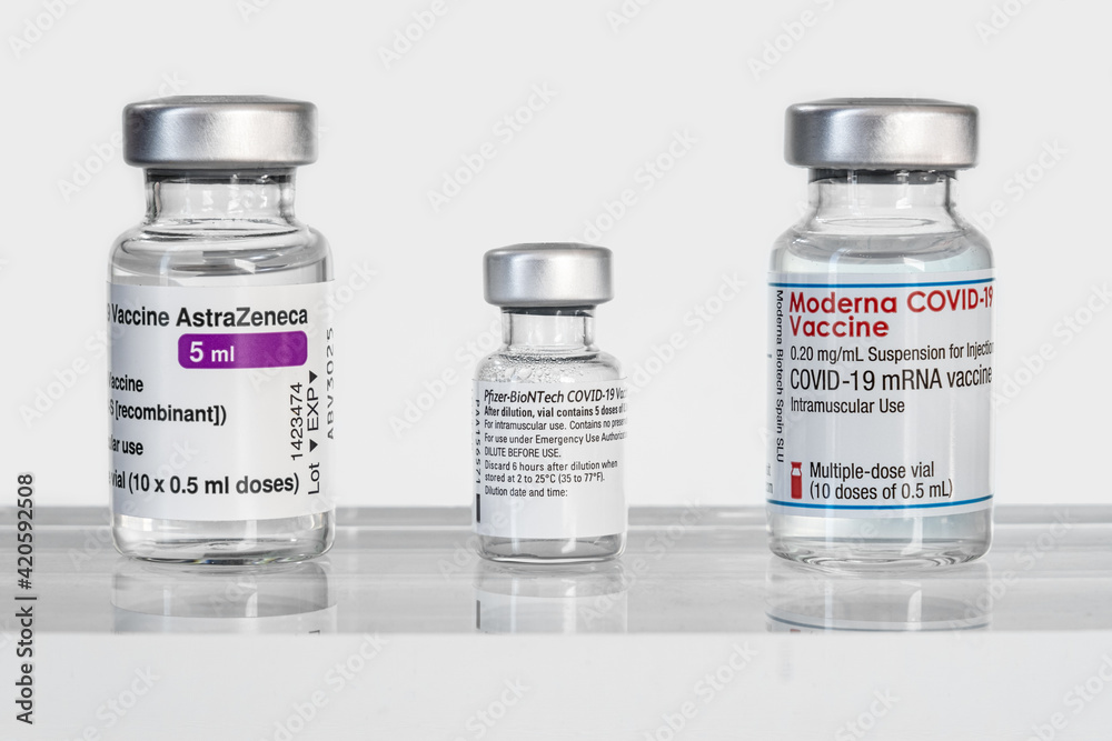Vials of Astrazeneca, Pfizer BioNTech and Moderna Covid-19 vaccines ...