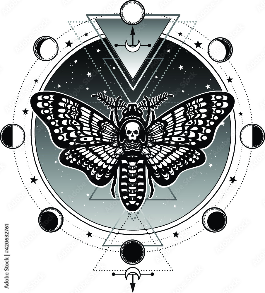 Mystical symbol moth Dead Head. Sacred geometry. Star sky, phases of ...