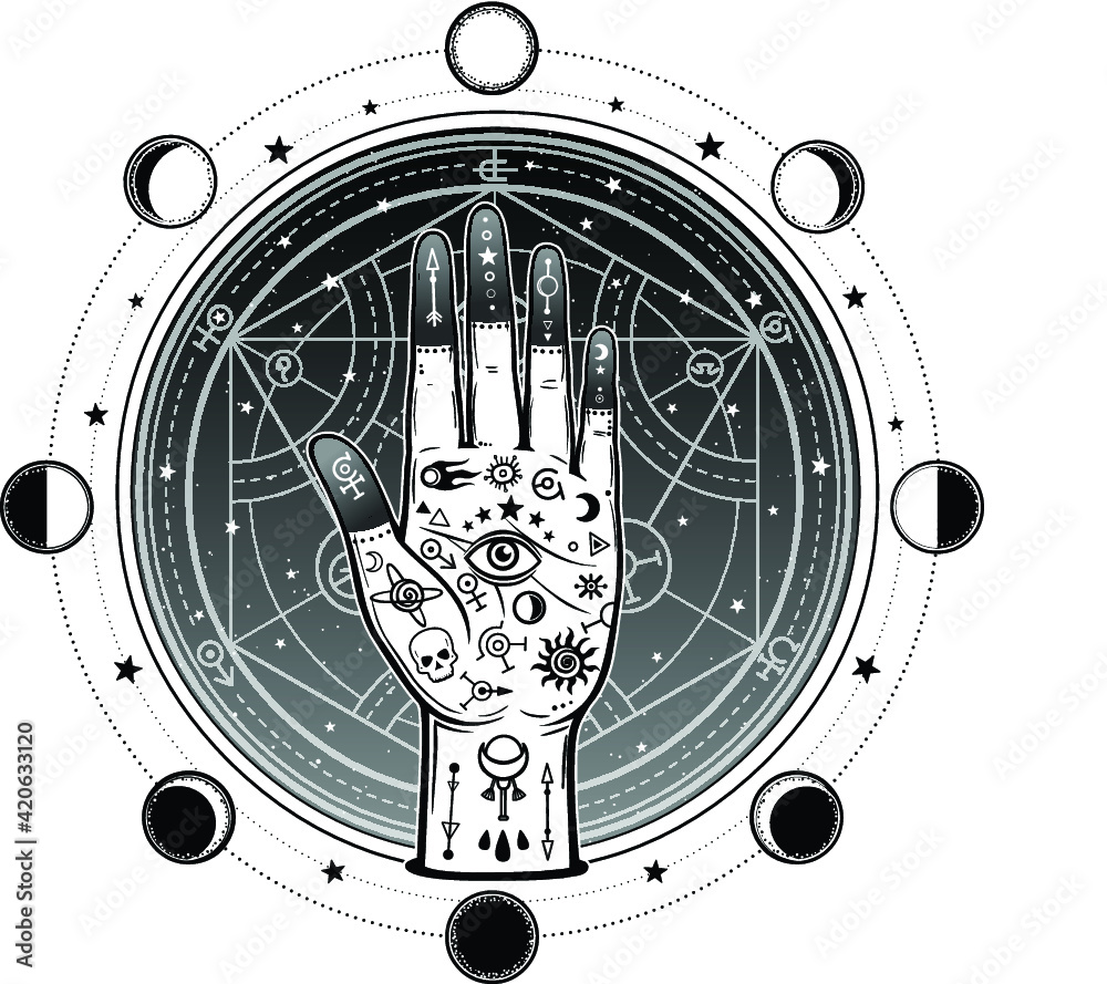 Human hand has an all-seeing divine eye. Alchemical circle of ...