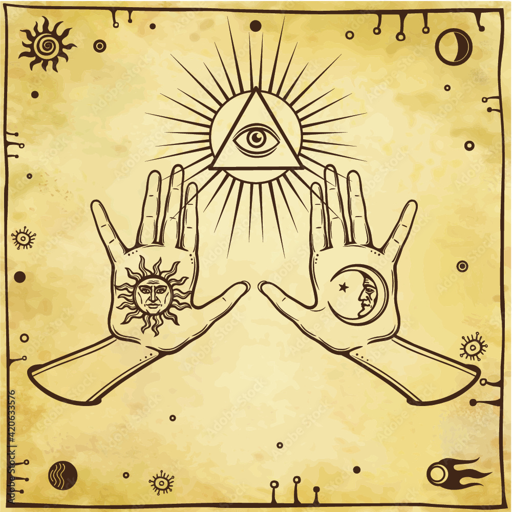 Mystical drawing - human hands hold symbols of the sun and the moon ...