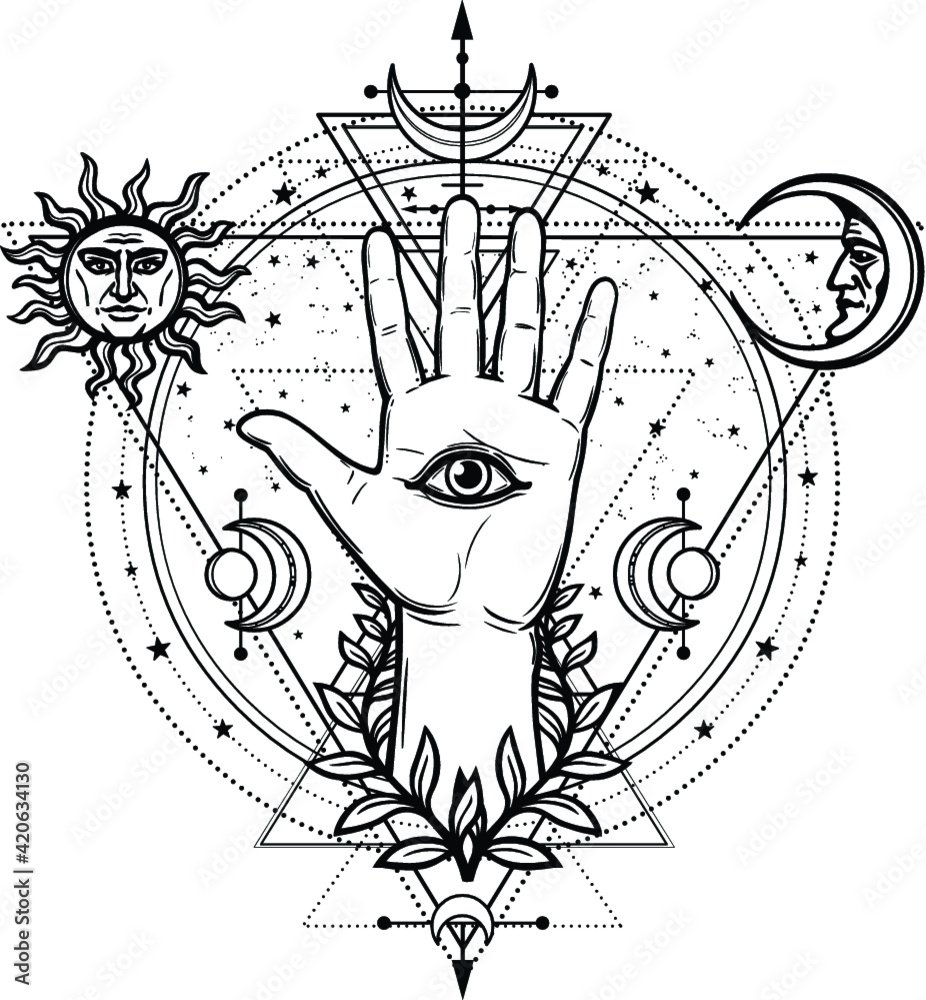 Mystical drawing: divine hand, all-seeing eye, circle of a phase of the ...