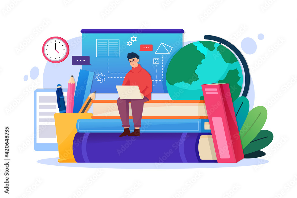 Online self education cartoon poster with sitting on textbooks man with ...