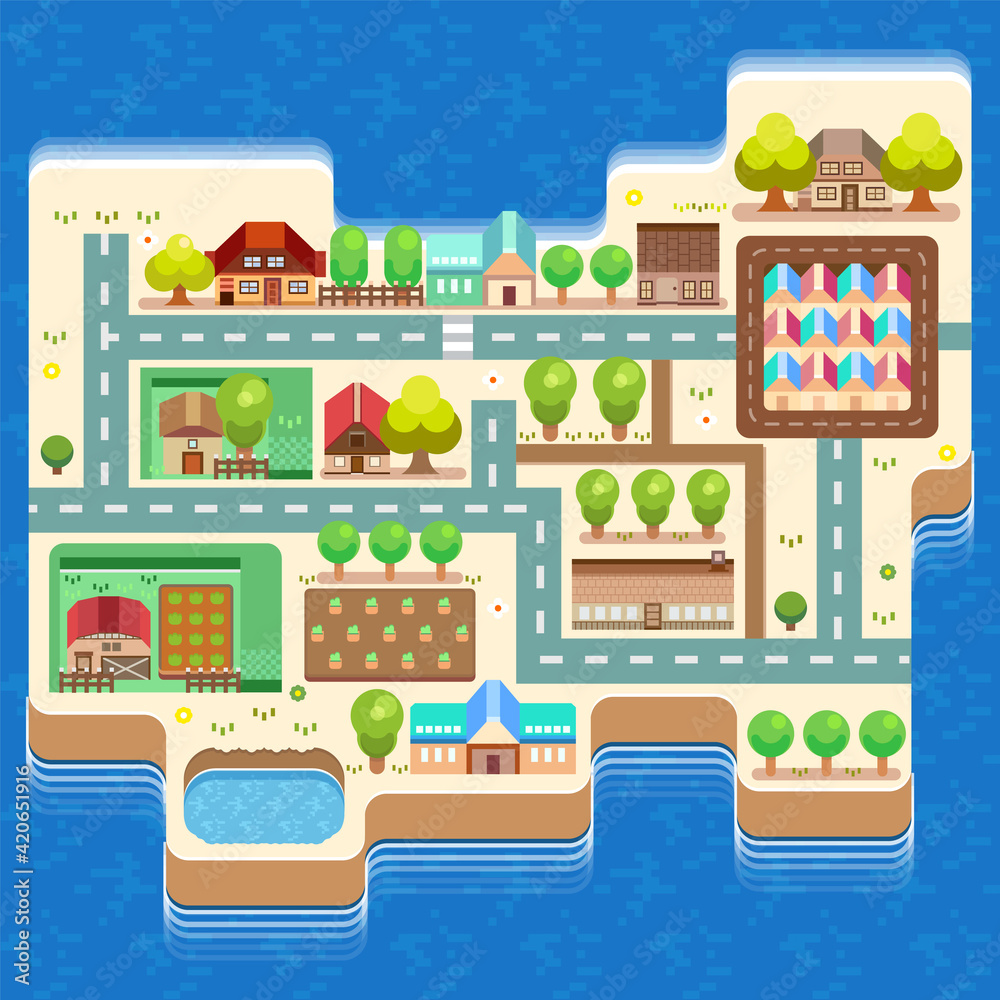 Cartoon map with sea, Board game city road, Background for gaming ...