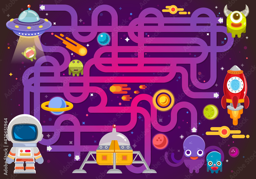 Maze games find the path for astronaut with space and spaceship theme ...