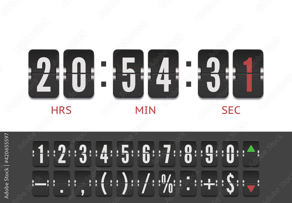 Retro design score board clock template. Scoreboard number font with shadows isolated on ...