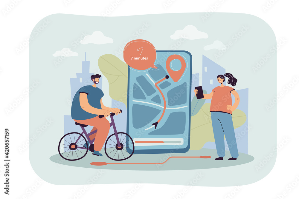 Tiny people using mobile app for navigation in city flat vector ...
