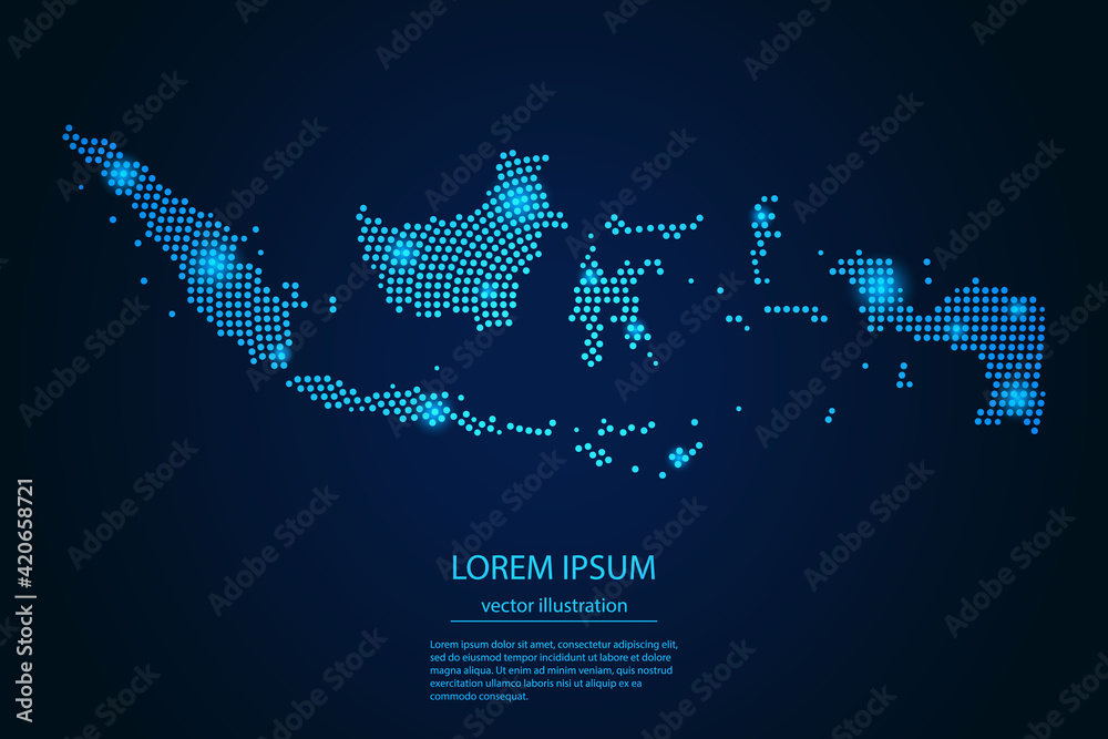 Abstract image Indonesia map from point blue and glowing stars on a ...