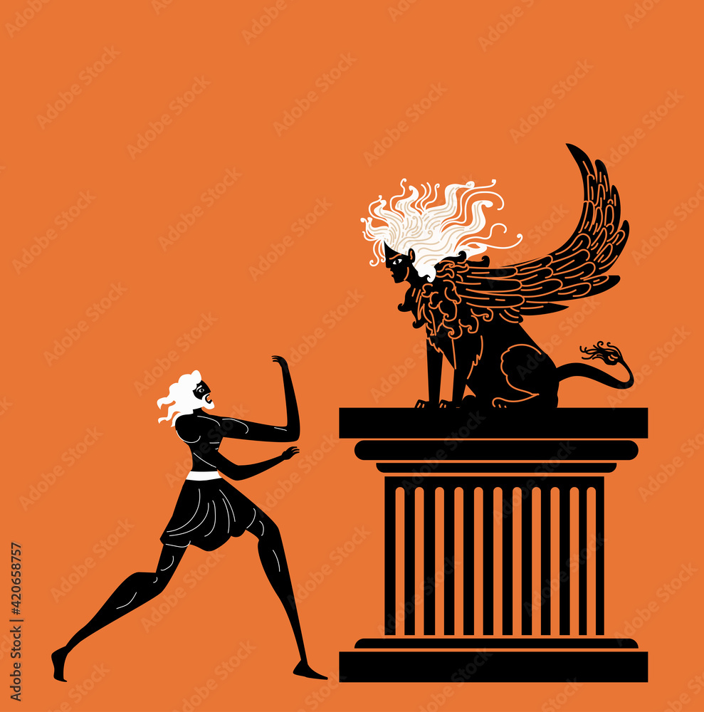 oedipus asking the sphinx riddle greek mythology tale Stock Vector ...