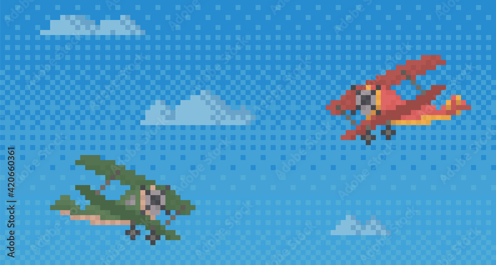 Pixel helicopters for old game design layout. Air transport flying in ...