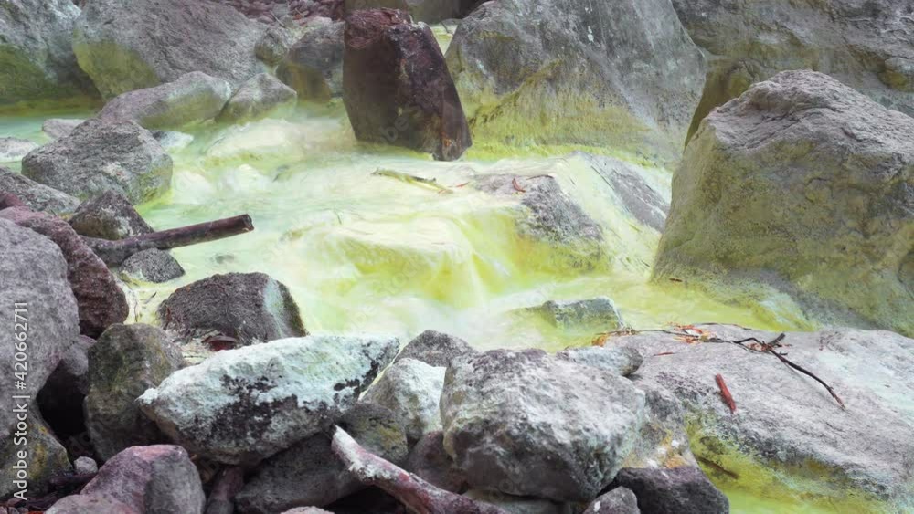 Activity of natural volcanic sulfuric hot springs, clouds of hot gas ...