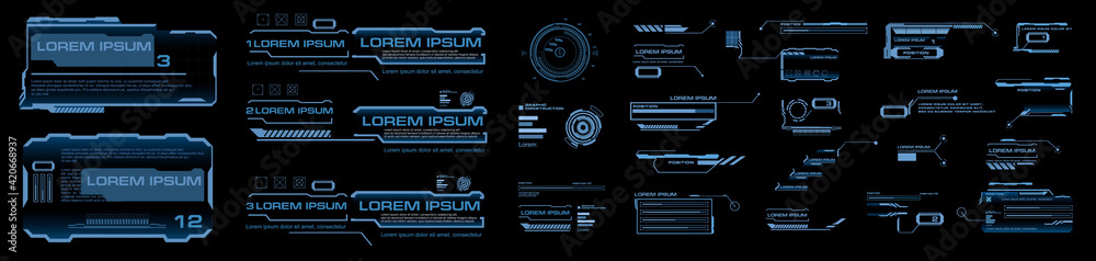 HUD elements set. Virtual graphical user interface. Callouts, headers ...