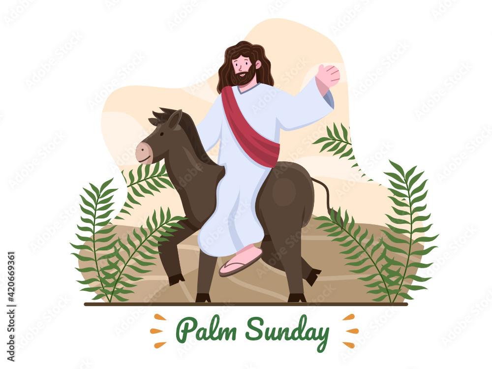 Palm Sunday illustration with Jesus ride a donkey and with palm leaves ...