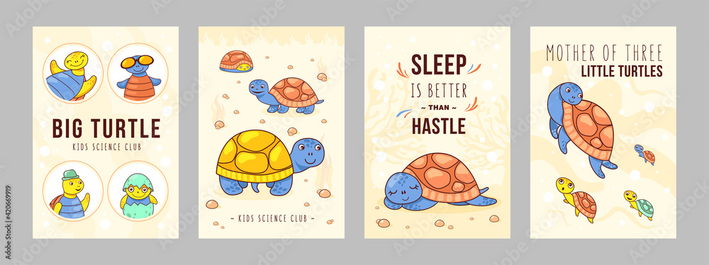 Stylish poster designs with happy turtle. Vivid brochures with sea ...