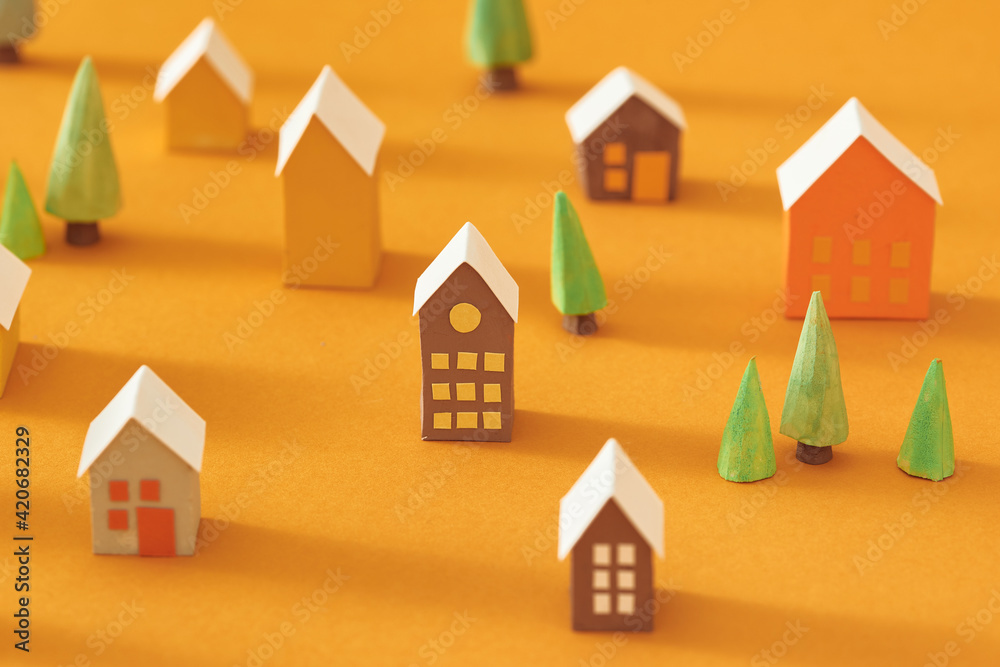 Seamless pattern of miniature town with tree and building Stock Photo ...