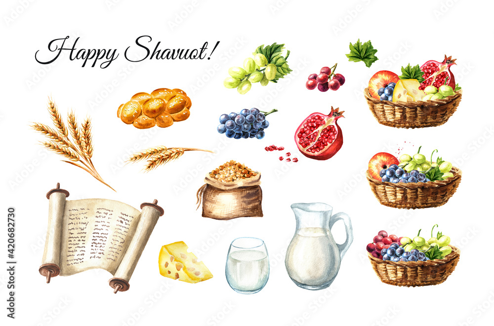 Shavuot set. Wheat, milk, dairy products, fruits. Symbol of Jewish ...