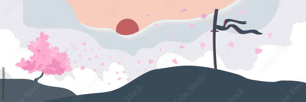 Vector illustrations of Japan sword with sakura trees, sun and ...