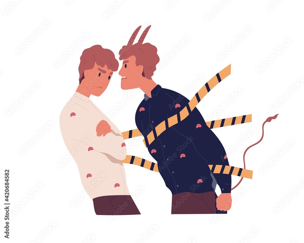 Confrontation of good and bad sides of person. Concept of inner ...