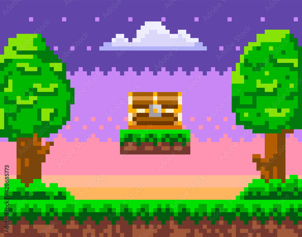 Pixel-game background with chest in sky. Pixel art scene with green ...