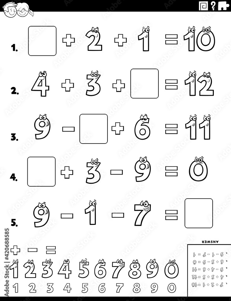 calculation educational worksheet coloring book page Stock Vector ...