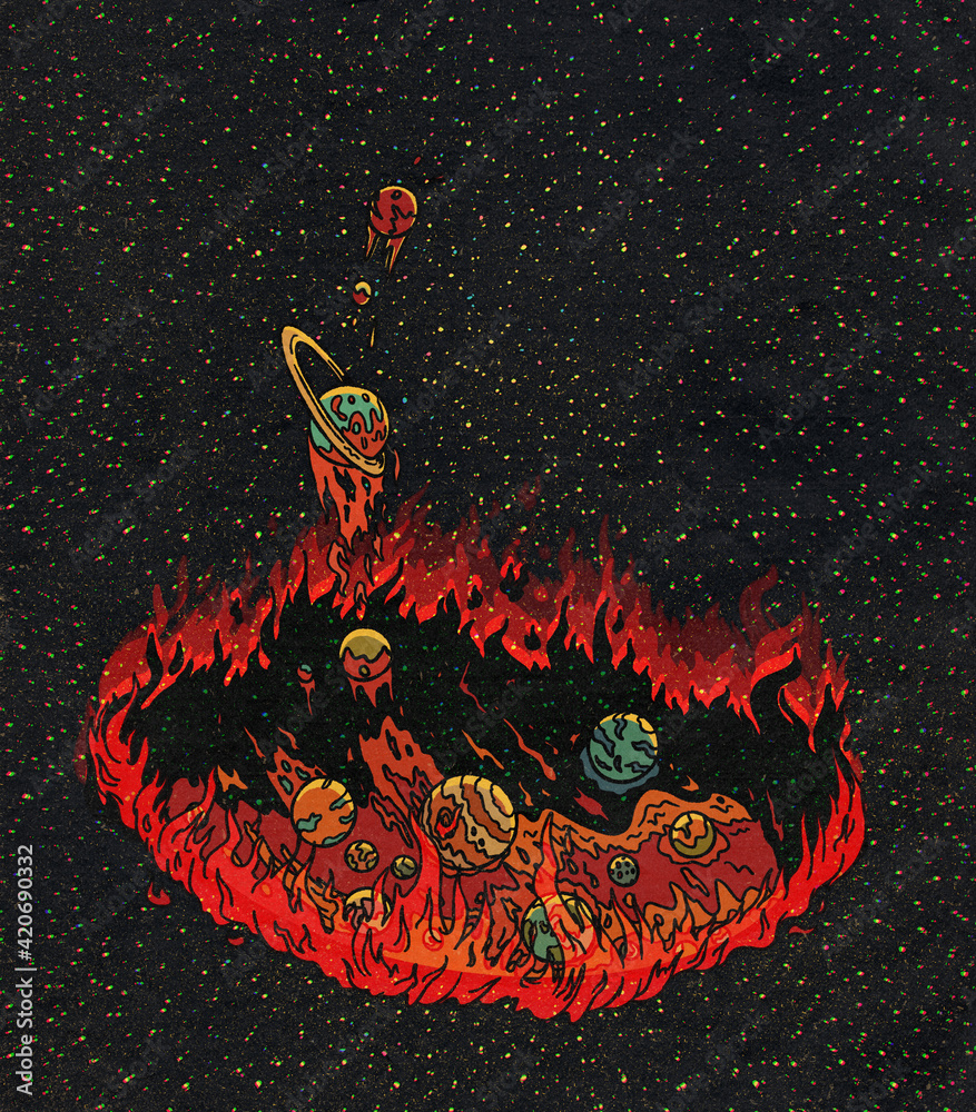 Planets Jumping Out Of Circle Of Fire And Lava Stock Illustration ...