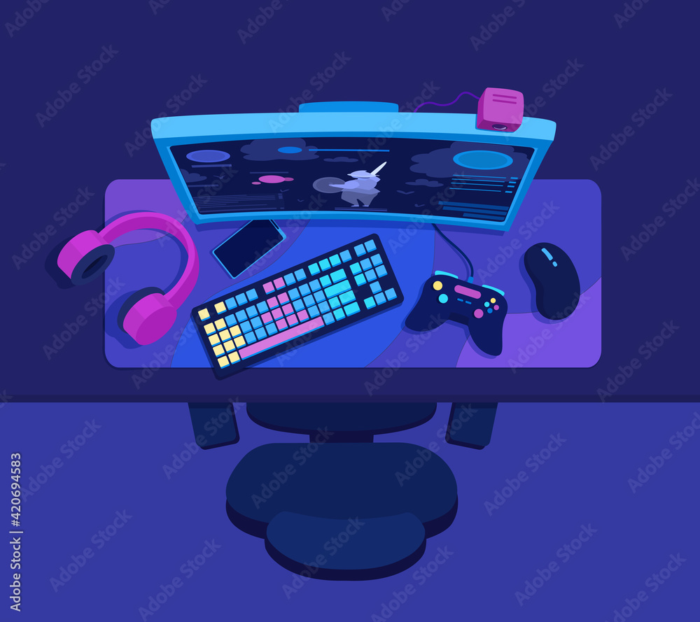 Gaming station. Gamer's desktop, workspace flat lay. PC video game ...