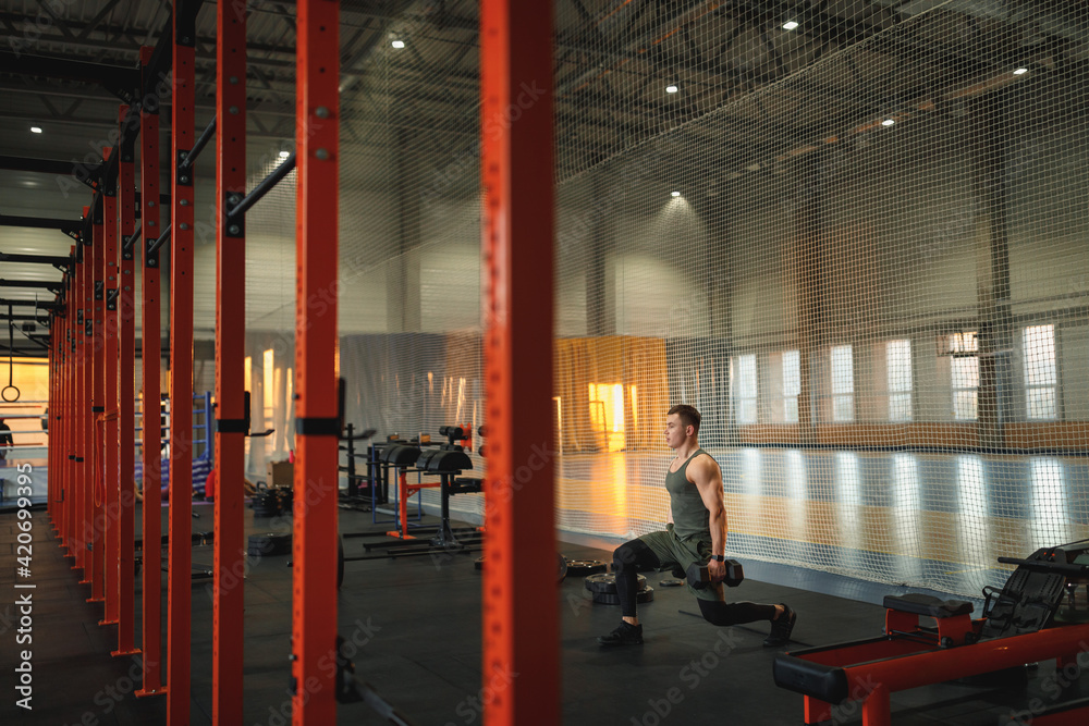 Sportsman building up muscles with dumbbells Stock Photo | Adobe Stock