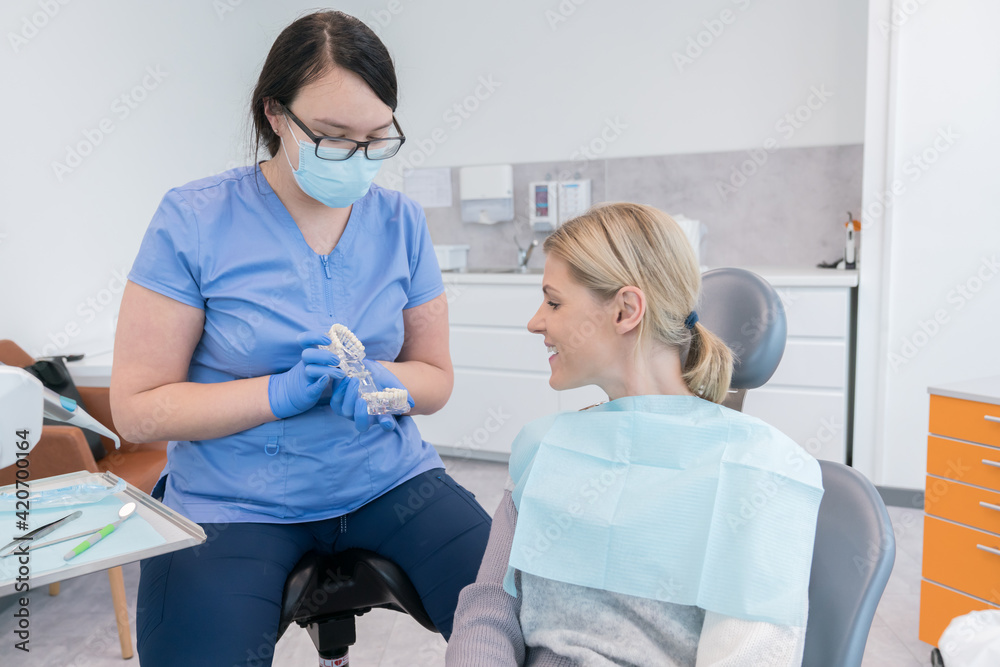 Dentist Showing To Patient Teeth Sample Stock Photo | Adobe Stock