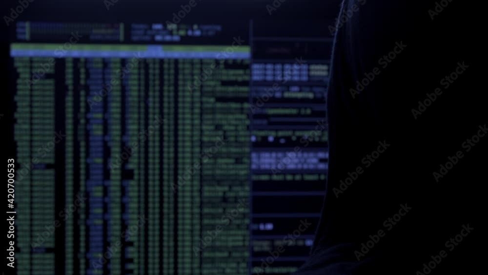 Programmer Hacker Working On Computer Code Is Reflected On His Eye Glasses Guy Committing
