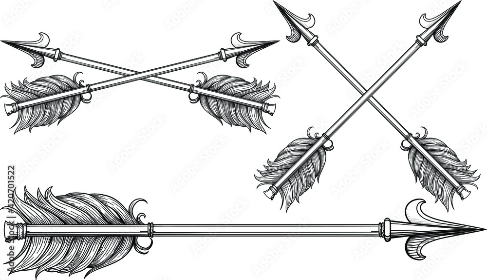 Crossed vintage arrows drawn in engraving view in several versions on a ...