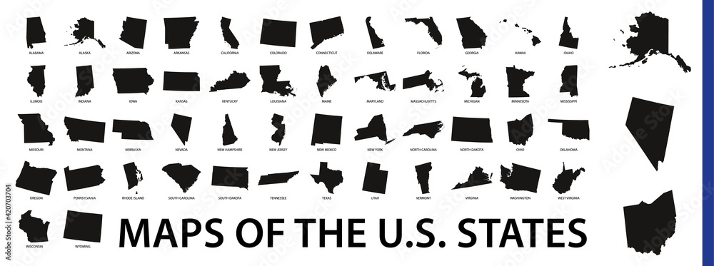 Collection of outline shape of US states map in black. Stock Vector ...