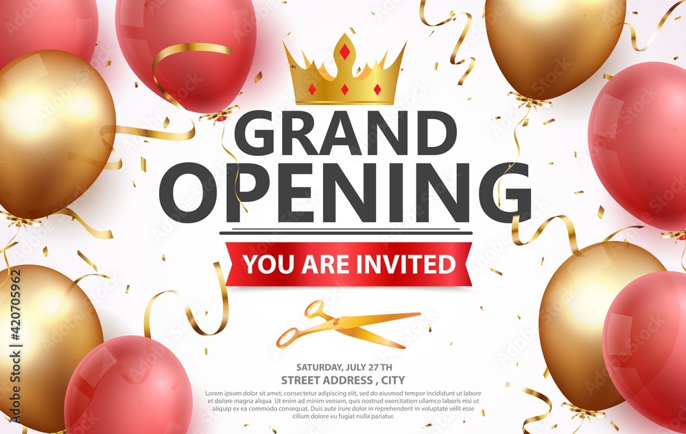 Grand opening card design with gold and red ribbon with confetti Stock ...