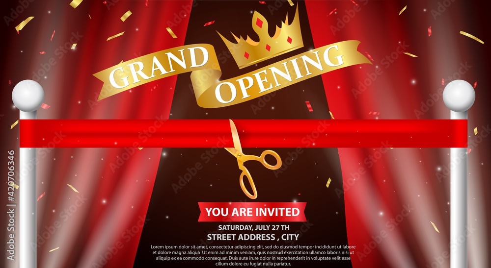 Grand opening card design with gold and red ribbon with confetti Stock ...