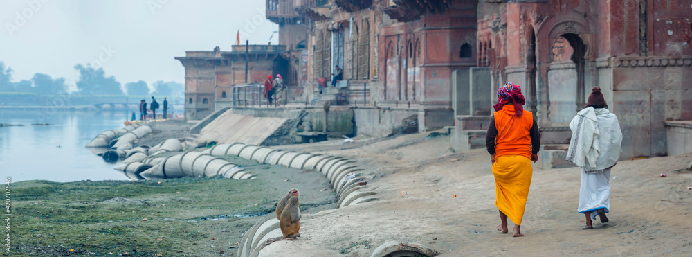Vrindavan India January 2020: Pilgrims on the river near the temple ...