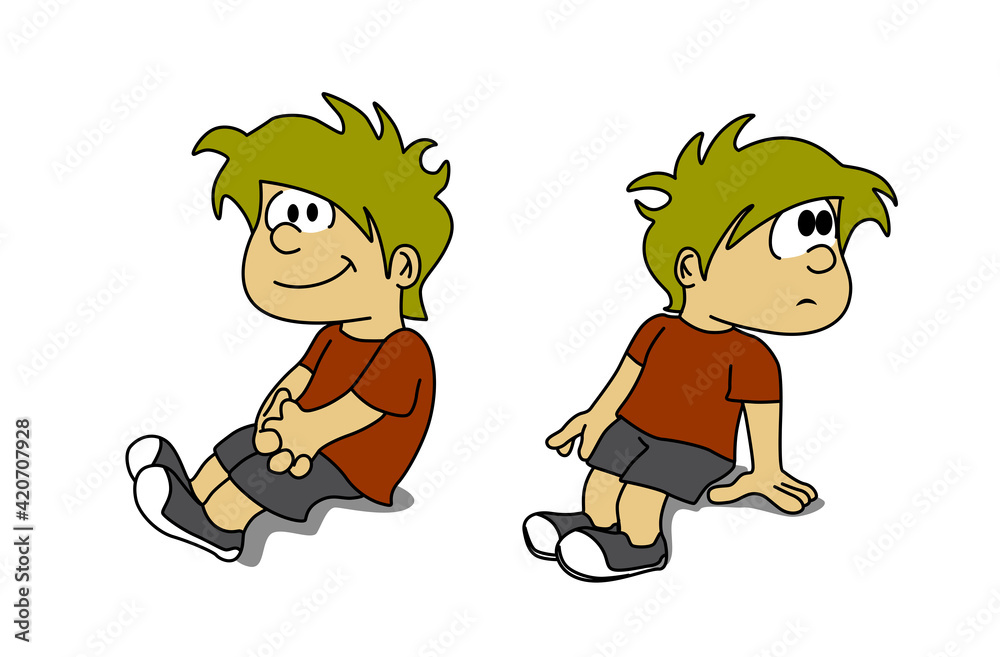 Cute boy, child, kid, waiting sitting in different positions. Cartoon ...
