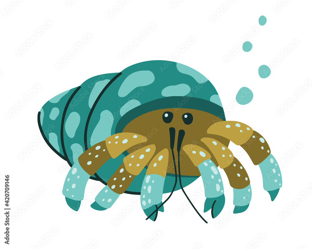 Hermit crab character. Cartoon hand drawn illustration of cute ocean ...
