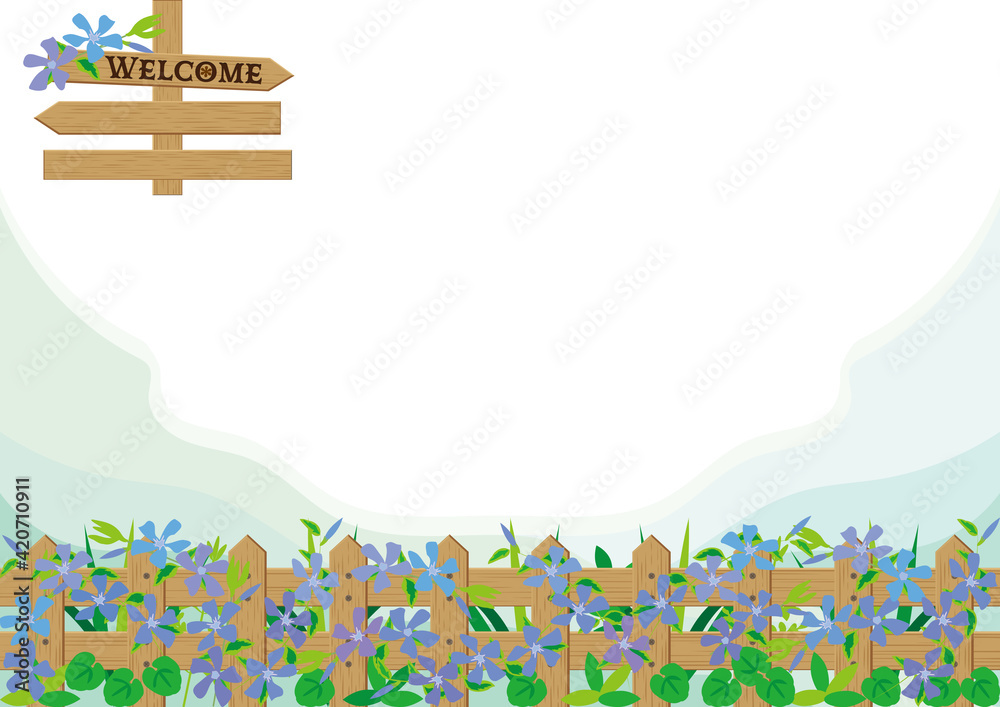 "Welcome" Wood Sign and Wood Fence, Vinca major Horizontal Frame ...