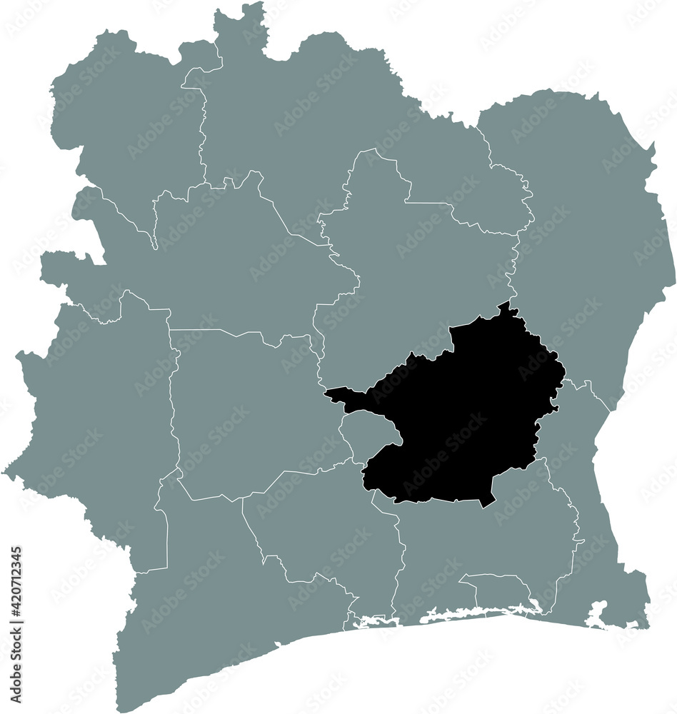 Black highlighted location map of the Ivorian Lacs district inside gray ...