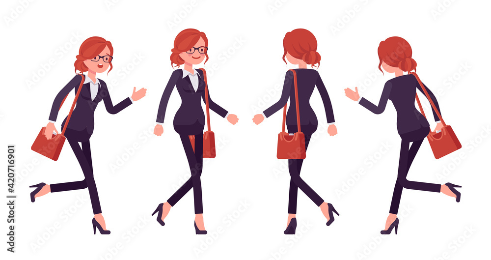 Businesswoman, red haired office worker walking, running. Manager in ...