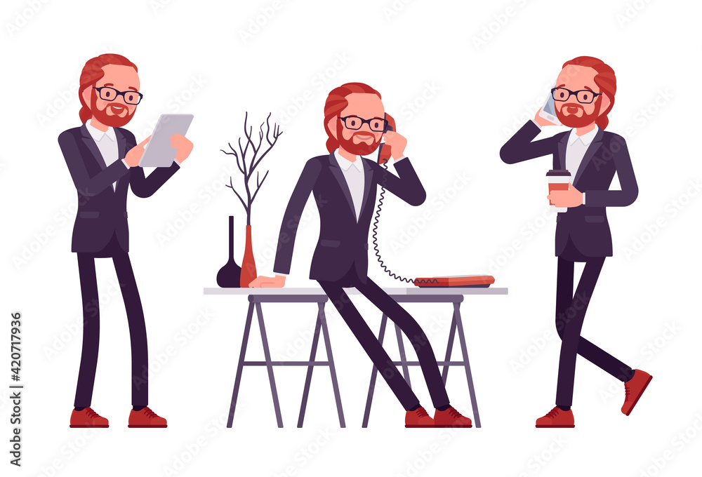 Businessman, young red haired office worker standing, talking by phone ...